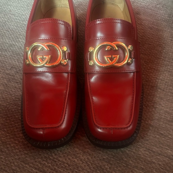 Gucci | Shoes | Gucci Red Leather Loafer With Gold Gs | Poshmark